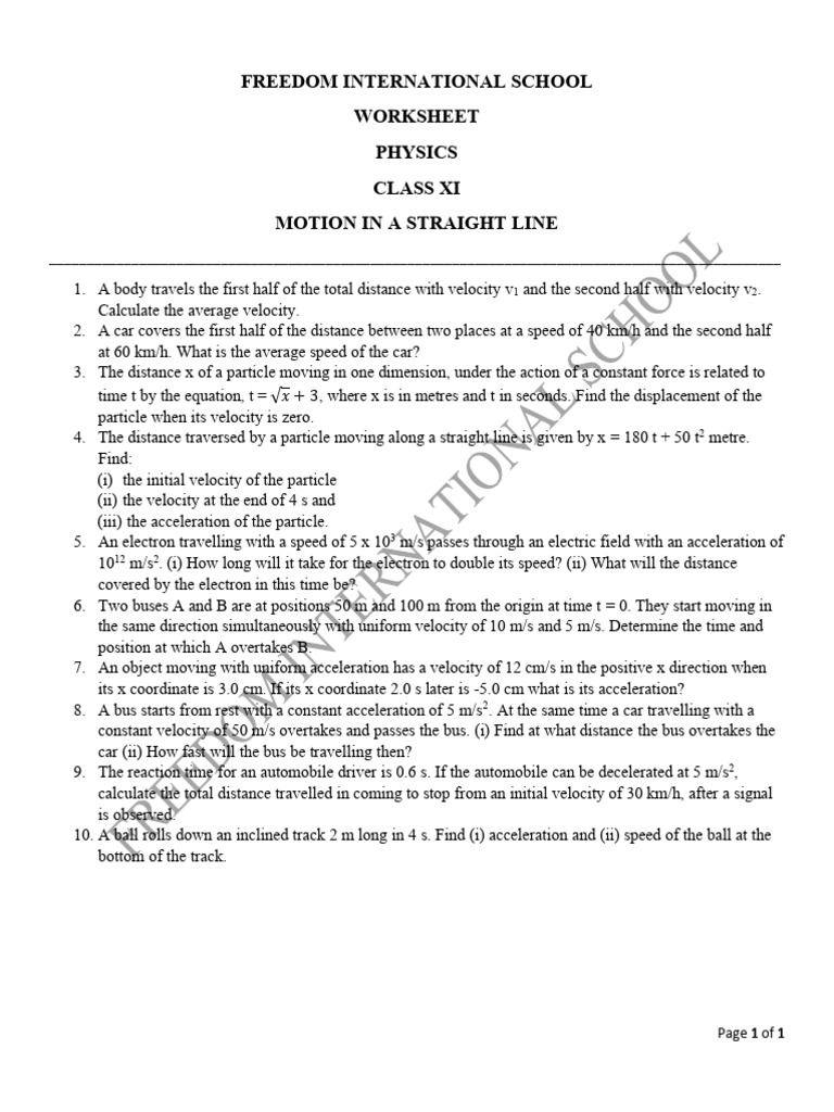 Xi CH 2 Motion in A Straight Line Ws 1751521386 | PDF | Acceleration ...