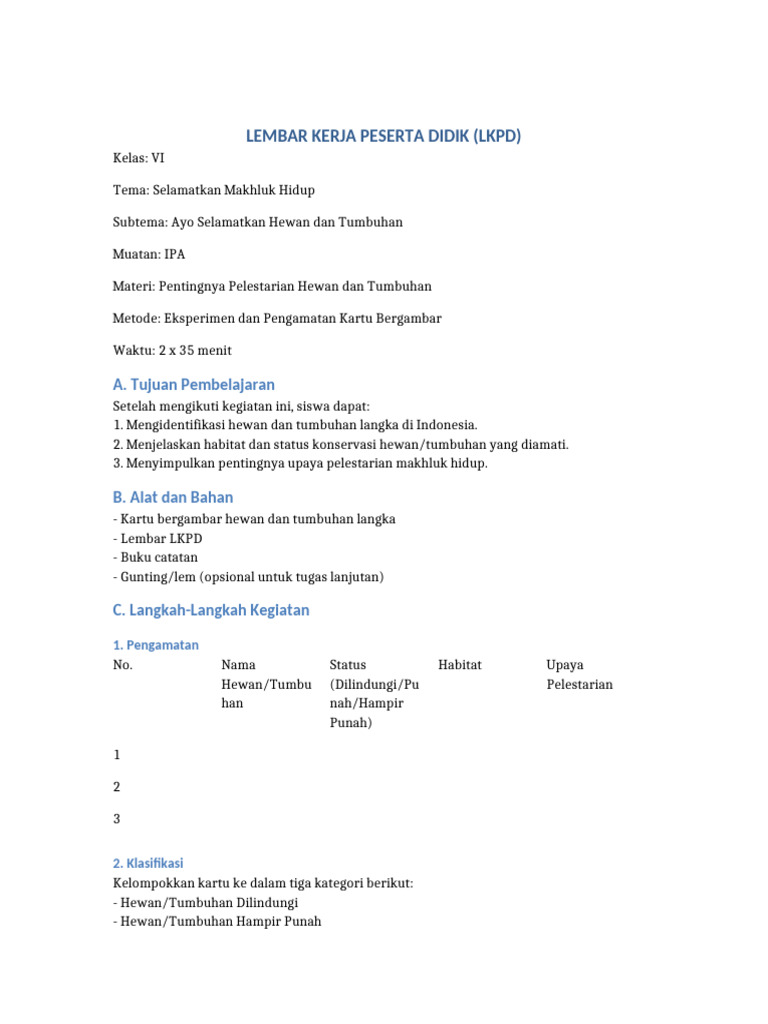 LKPD Ayo Selamatkan Hewan Tumbuhan | PDF