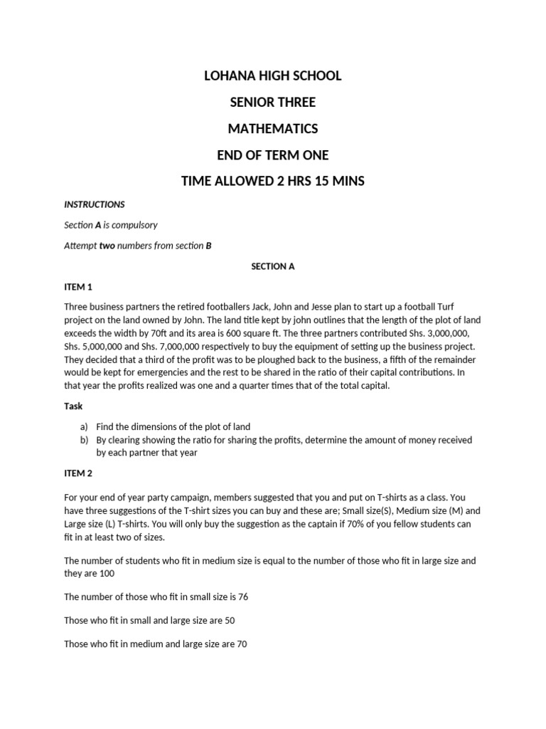 Senior Three Mathematics Exam 2025 | PDF