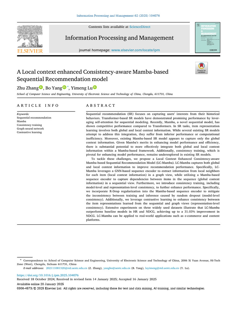 A Local Context Enhanced Consistency-Aware Mamba-Based Sequential ...
