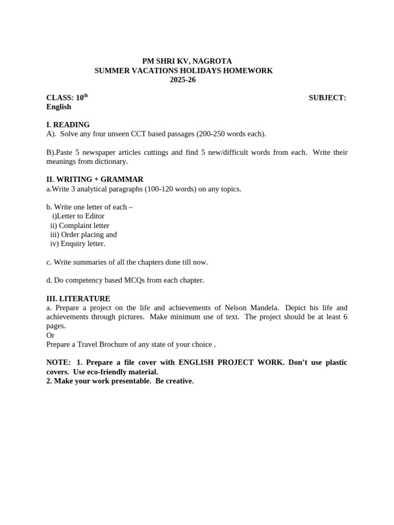 Holidays Homework Class 10th 2025-26 | PDF