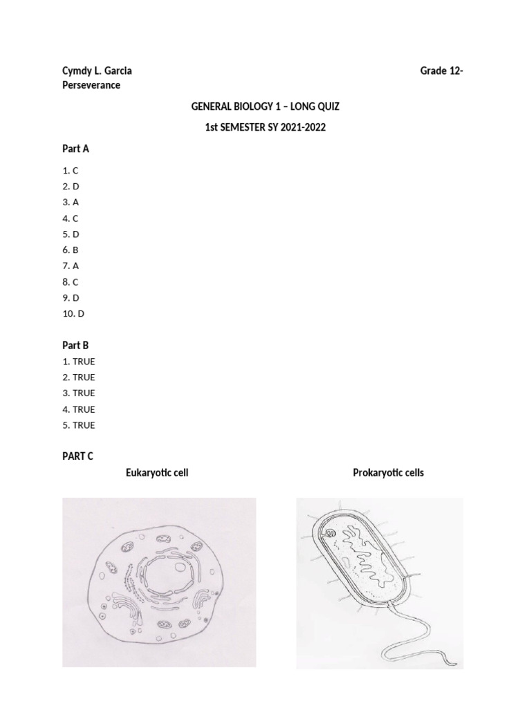 General Biology Long Test 1 - Q1 - Cymdy L. Garcia G12 - Perseverance | PDF