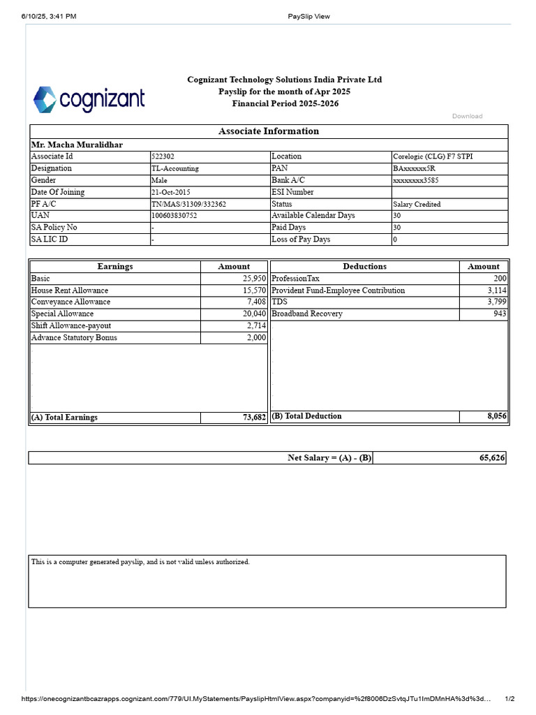 Payslip 522302 CIN Apr 2025 | PDF | Taxes | Government Finances