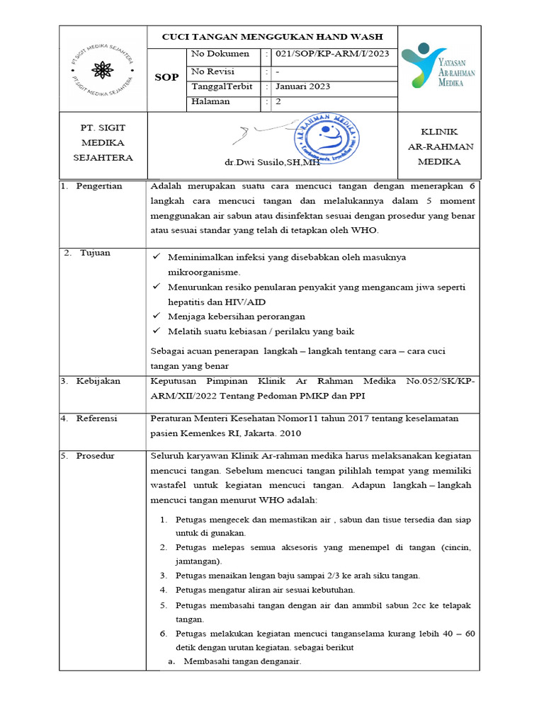 SOP Cuci Tangan Klinik Ar-Rahman | PDF