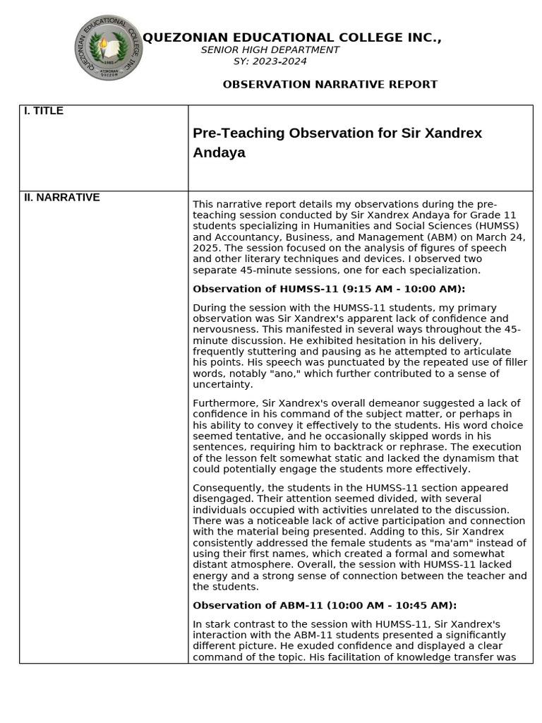 NARRATIVE REPORT Pre-Teaching Observation of Sir Xandrex Andaya | PDF ...
