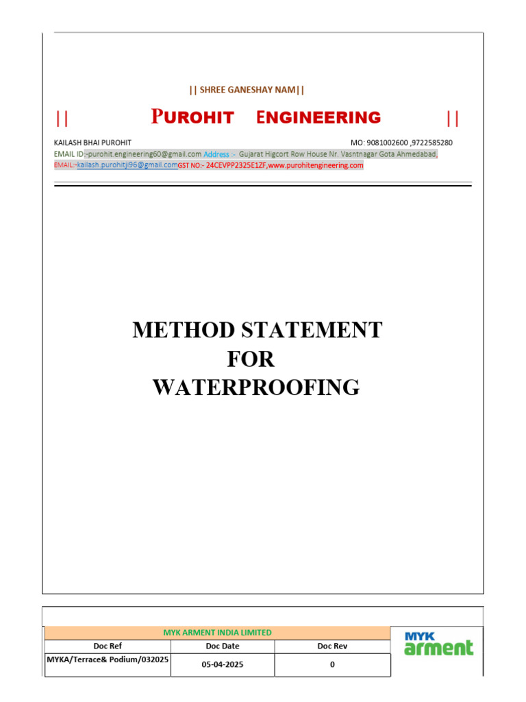 Method Statement For Waterproofing | PDF | Concrete | Cement