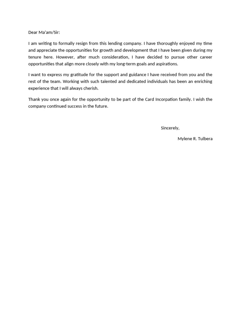 Resignation Letter from Mylene R. Tulbera | PDF