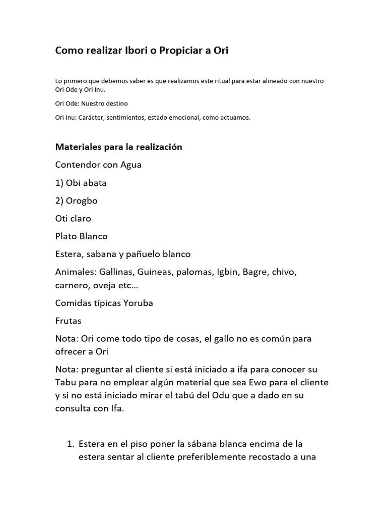 Como Realizar Ibori o Propiciar A Ori: Materiales para La Realización | PDF
