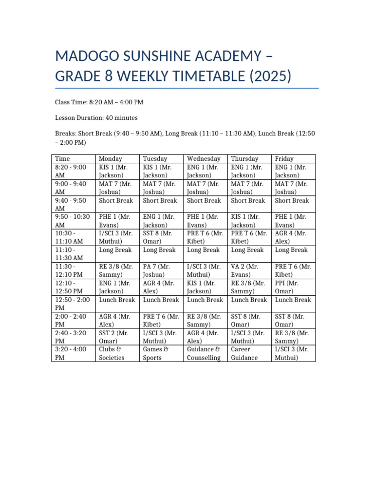 Grade 8 Timetable for 2025 | PDF