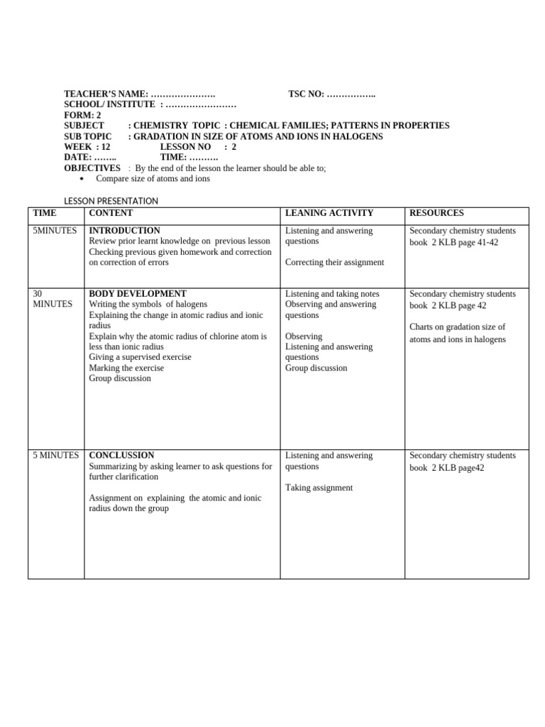 2019 Form 2 Chemistry Lesson Plans Lesson 46 60 Term 1 2 21 19 Aug 11 ...