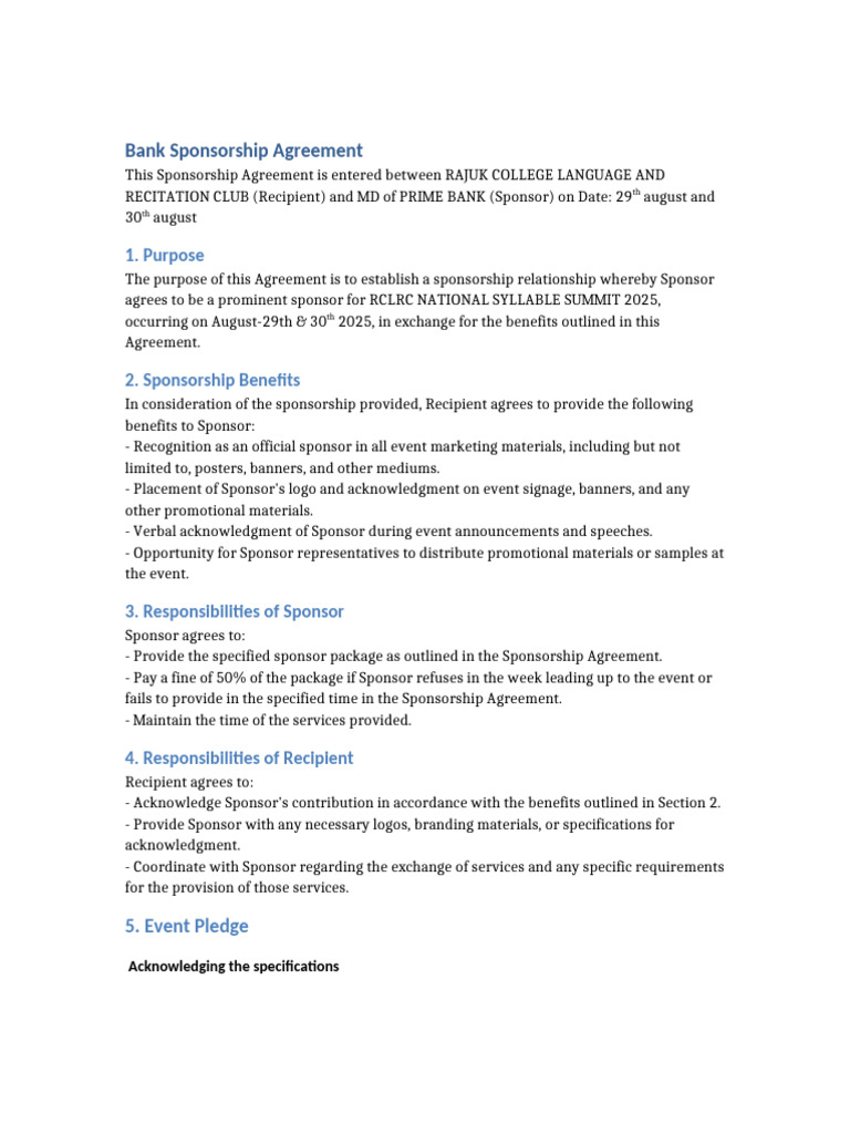 Pubali Bank Sponsorship Agreement | PDF | Human Communication | Marketing
