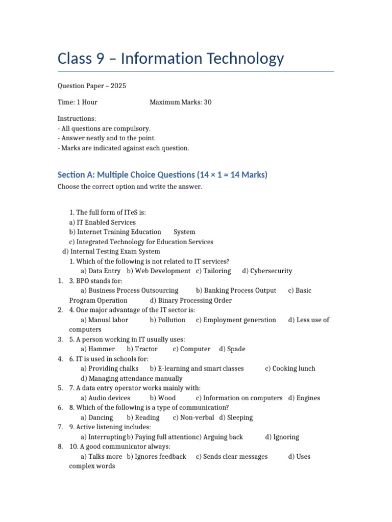 Class9 IT Question Paper | PDF | Computing