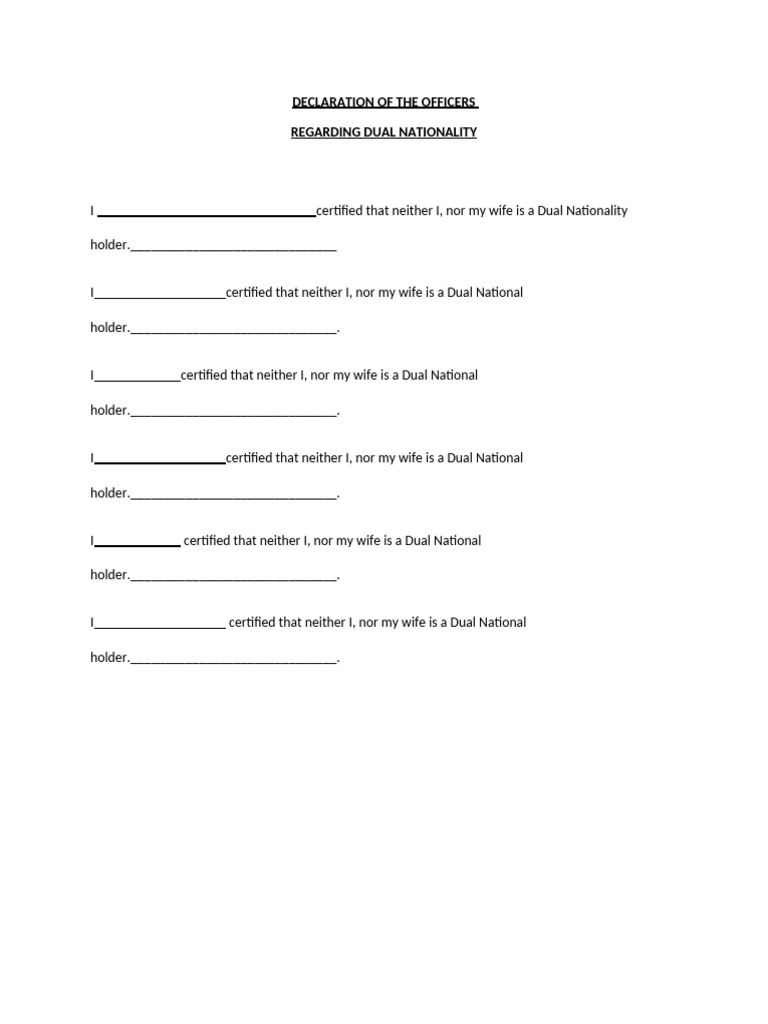 Dual Nationality Declaration | PDF