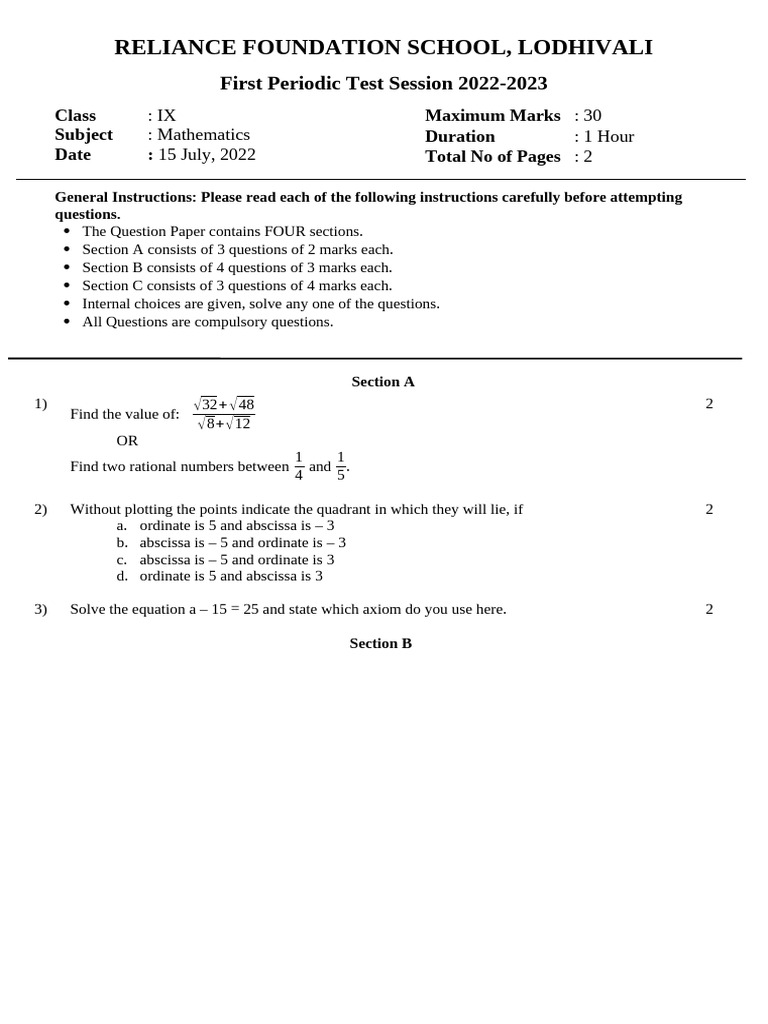 Rfslem Ix2022-23 Pti Math QP | PDF | Square Root | Mathematics