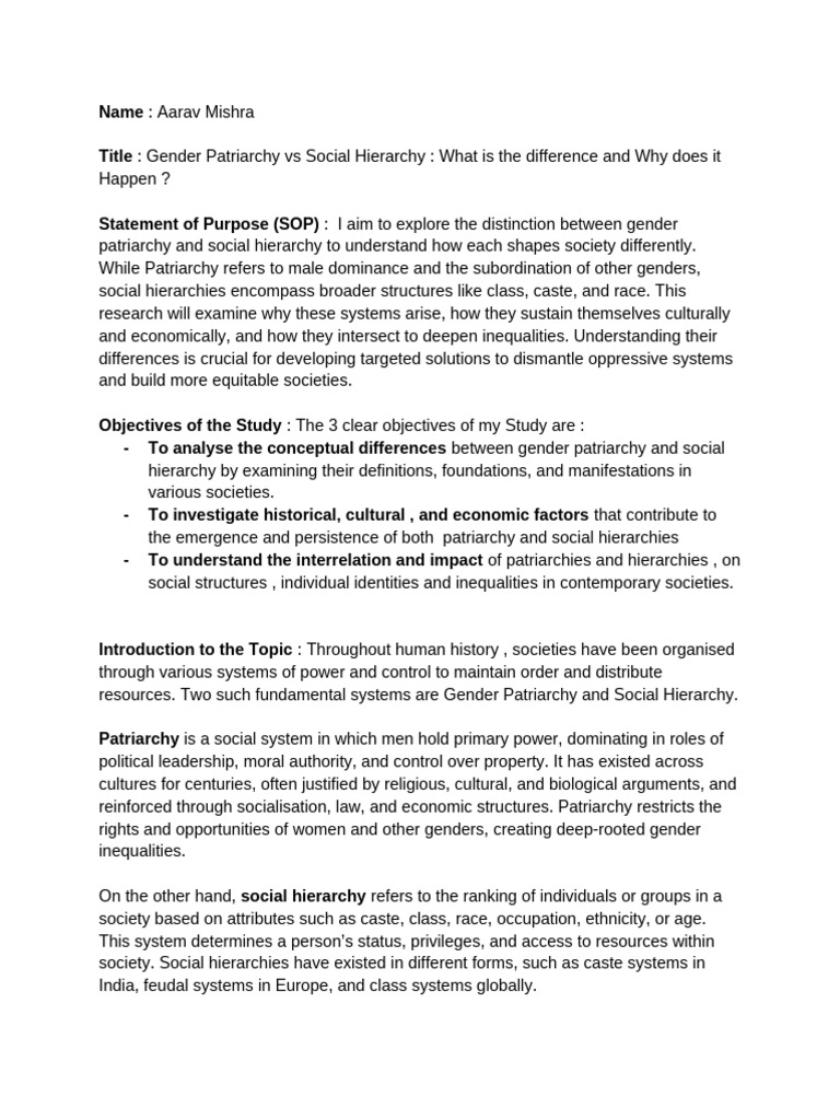 Research Proposal For Sociology HHW | PDF | Patriarchy | Social ...