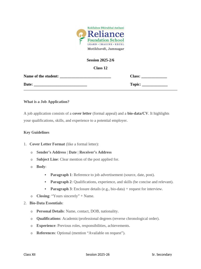 Job Application Guide for Class 12 | PDF | Schools | Learning