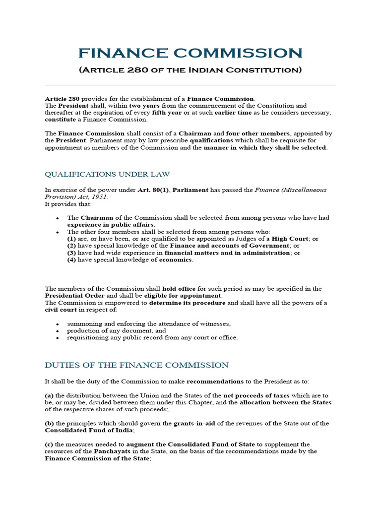 Article 280: Finance Commission Overview | PDF | Presidents Of The ...