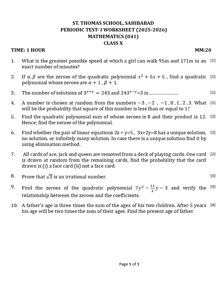 Maths Class 10 Pt1 Worksheet 20252026 2 | PDF