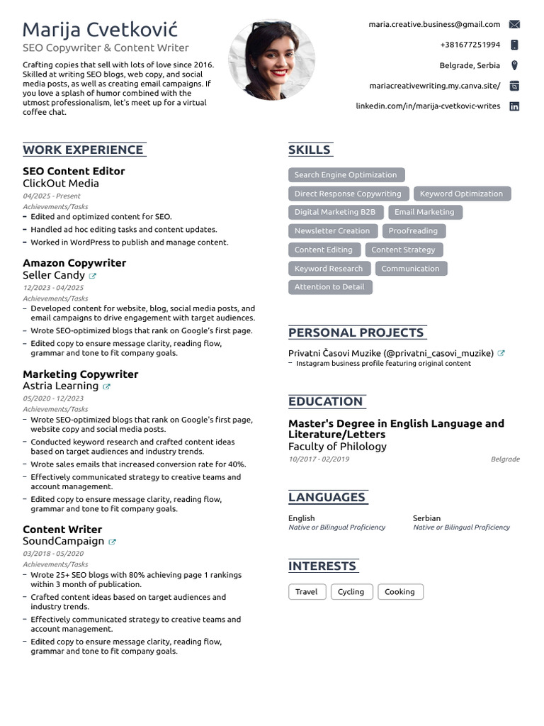 Marija Cvetkovic SEO Copywriter Resume | PDF | Search Engine Optimization | Copywriting