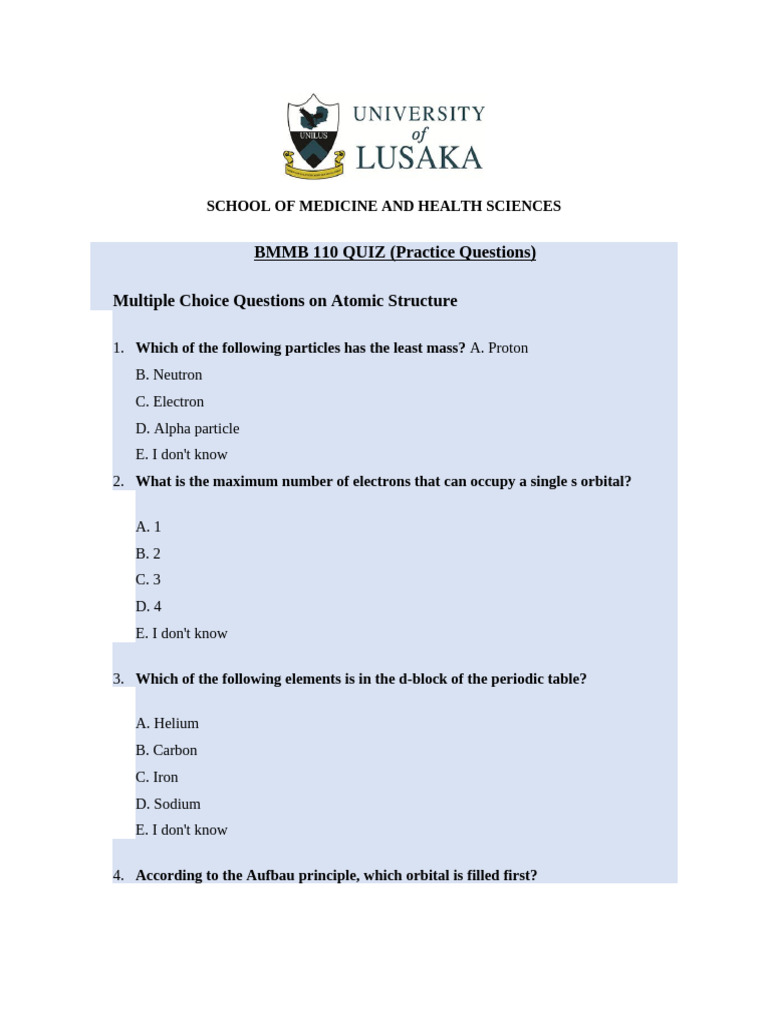 BMMB 110 Tutorial 1 - Atomic Structure | PDF | Chemical Bond | Atoms