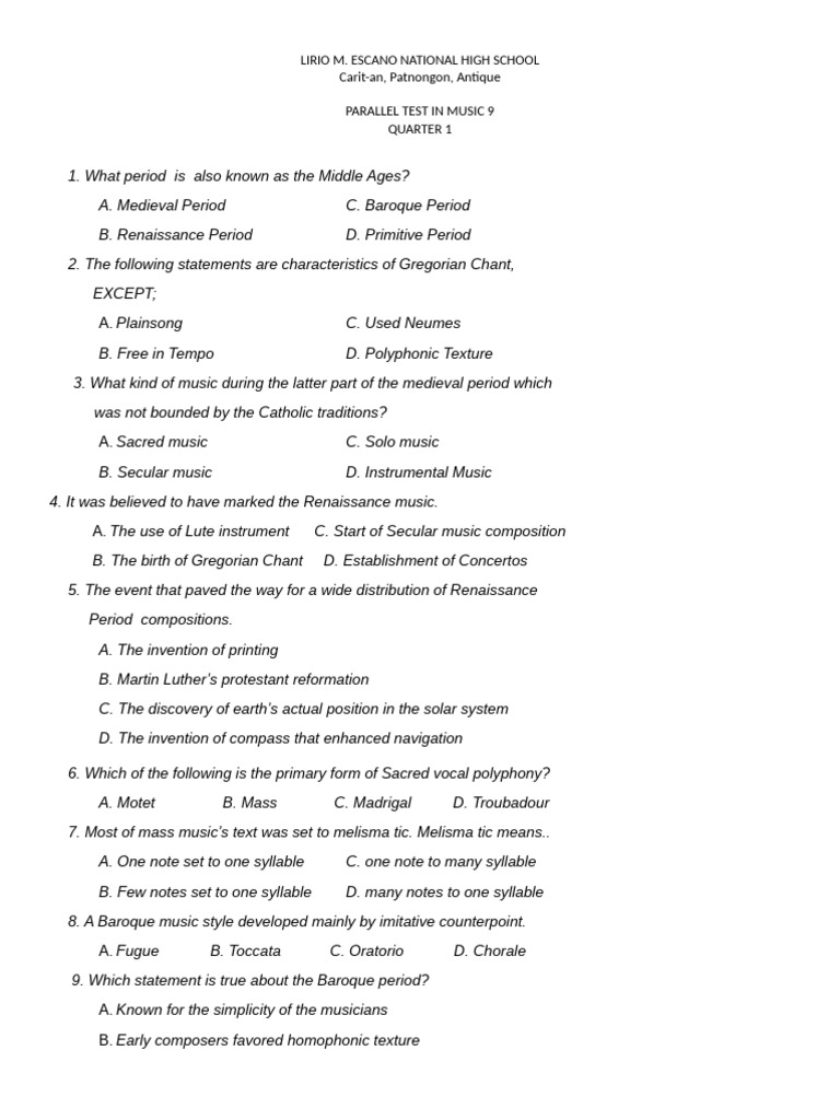 Parallel Test in Music Quarter 1 | PDF | Musicology | Classical Music