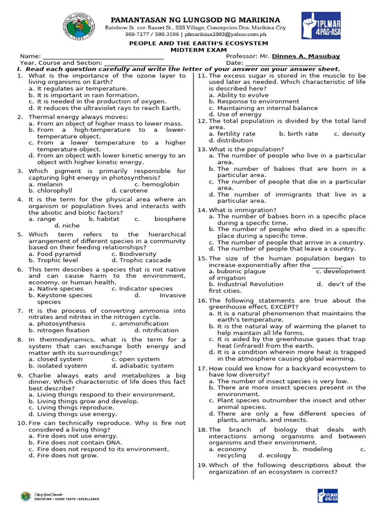 MIDTERM 2023 2024 People and The Earths Ecosystem | PDF | Ecosystem | Cellular Respiration