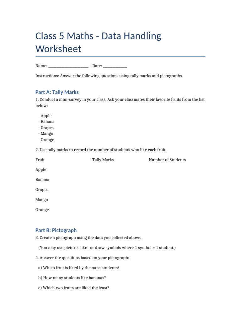 Data Handling Worksheet Class5 | PDF
