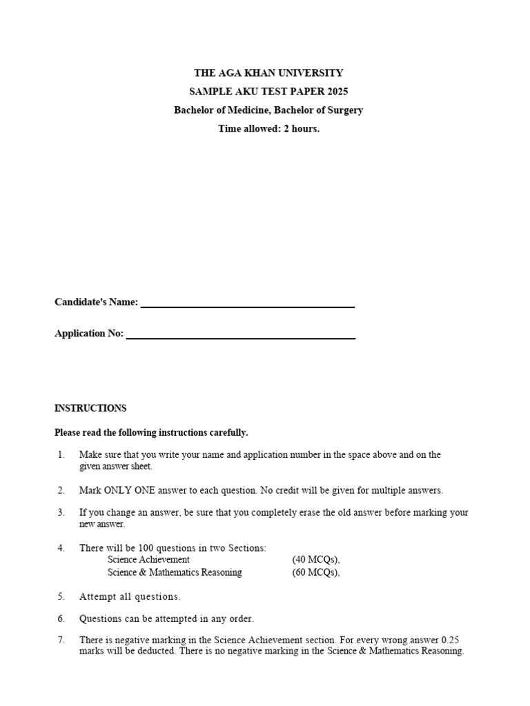 AKU MBBS Entry Test Sample Paper 2025 | PDF