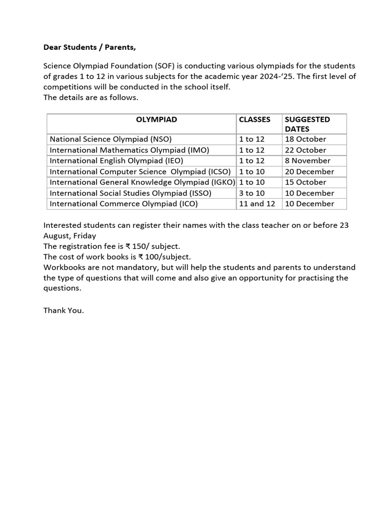 SOF Olympiad Registration Details 2024-25 | PDF