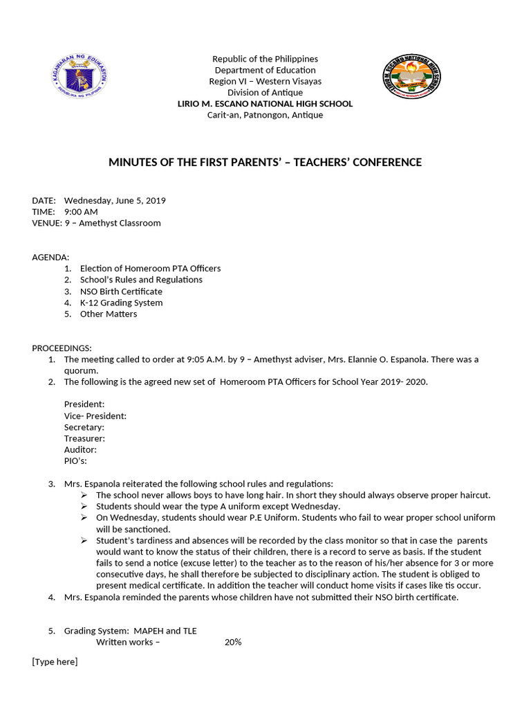 Minutes of PTA Meeting 2019 2020 | PDF