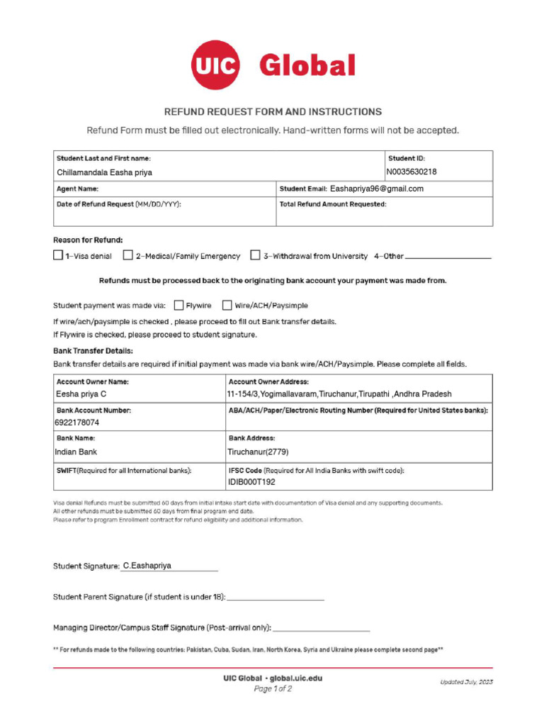 UIC Refund Form Copy | PDF