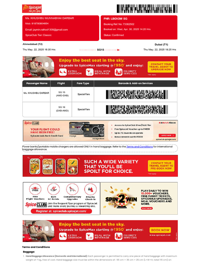 SpiceJet - E-Ticket - PNR - LBGV2M 09 Jun 2024 Dubai-Ahmedabad For MR ...