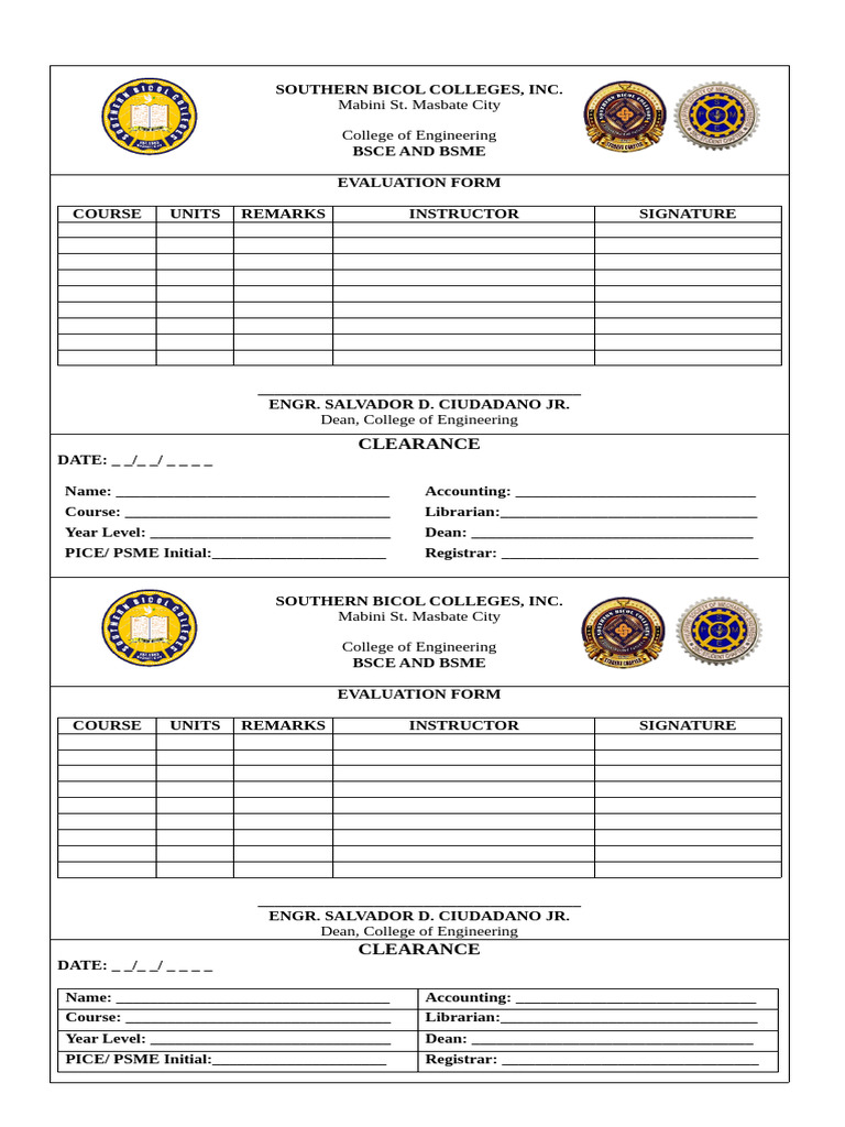 Clearance and Evalution Form Pice SBC SC | PDF