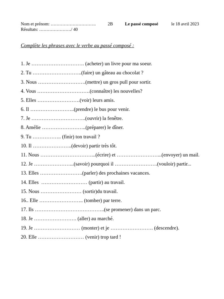 Test de passé composé 2023 | PDF