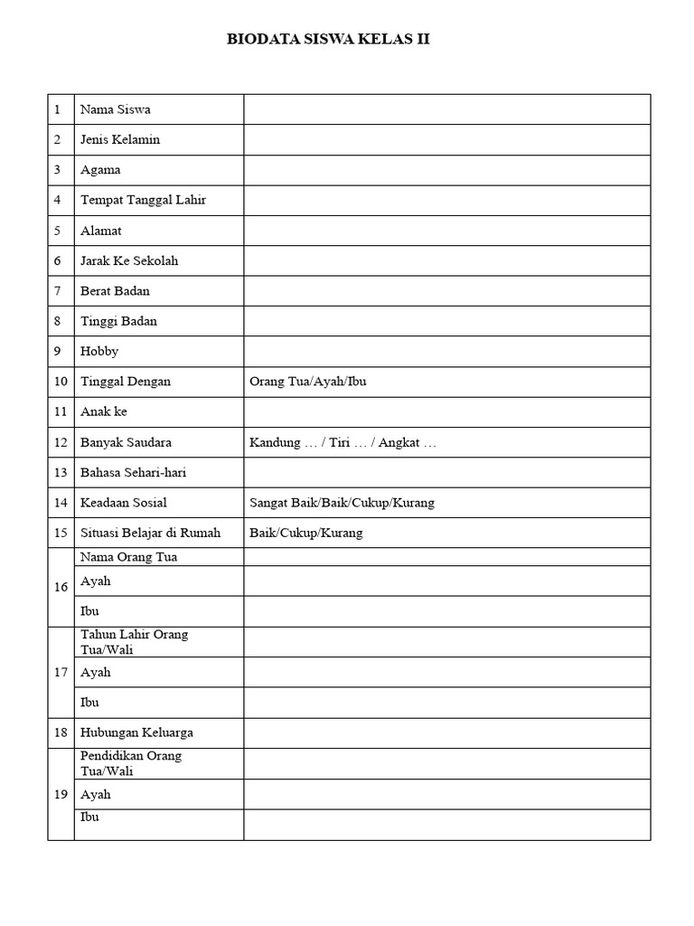 Biodata Kelas 2 | PDF