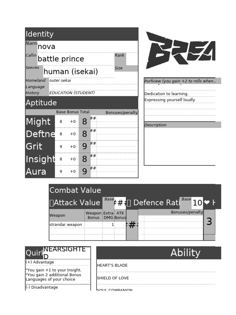 Break!! RPG Sheet by Wizard Cat V 1.2 | PDF | Role Playing Games