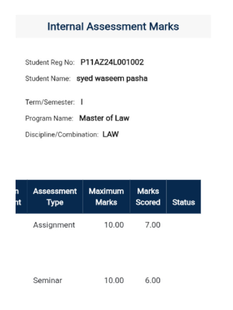 Student Internal Assessment Marks | PDF
