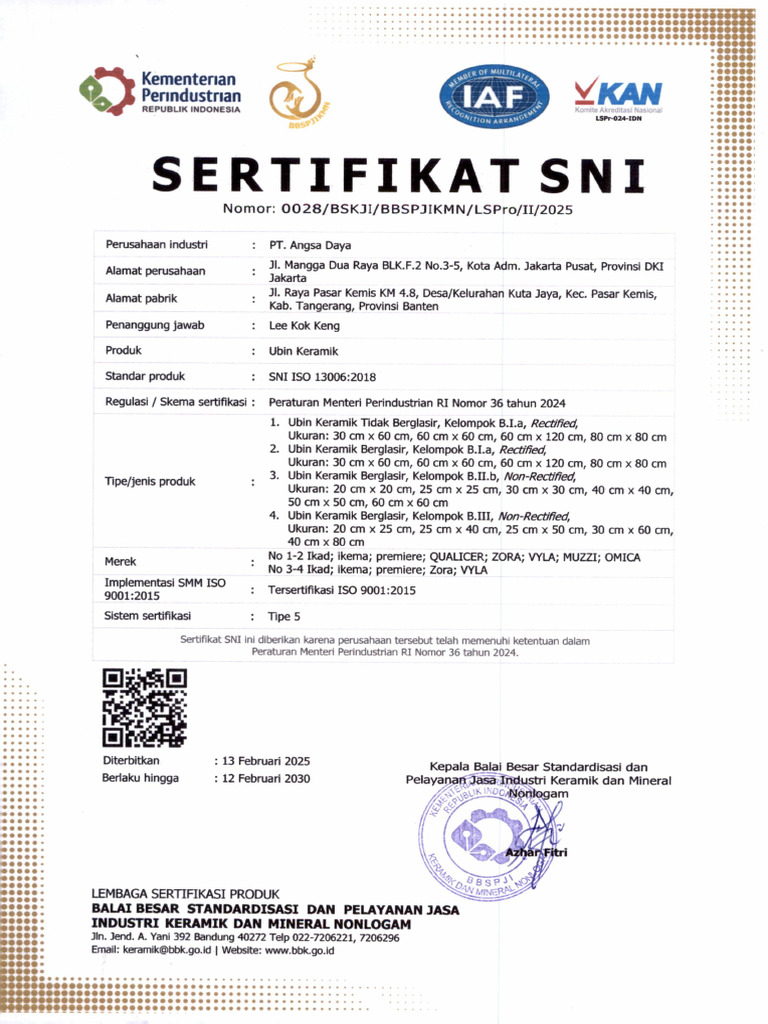 Sertifikat SNI ISO 13006 - 2018 (PT. Angsa Daya) | PDF