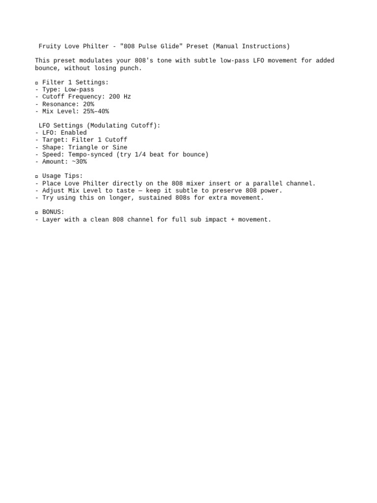 808 Pulse Glide Love Philter Preset Instructions | PDF