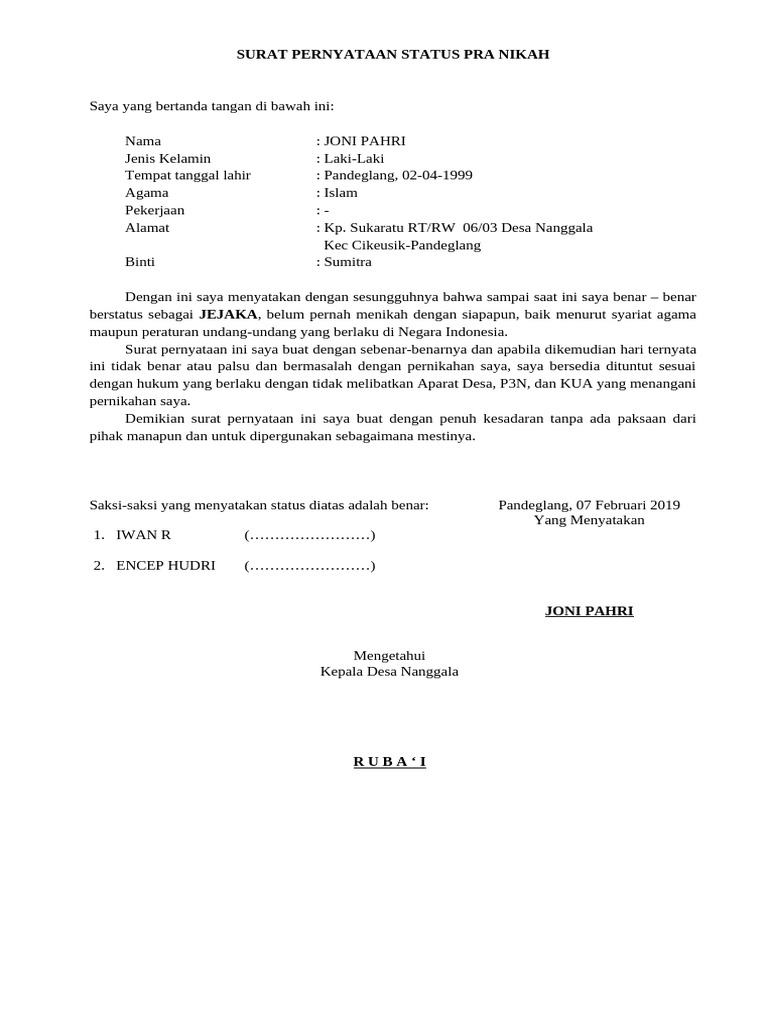Surat Pernyataan Status Pra Nikah | PDF
