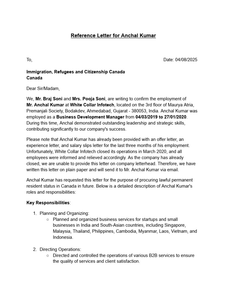 Reference Letter Whitecollar Infotech | PDF | Business | Economies