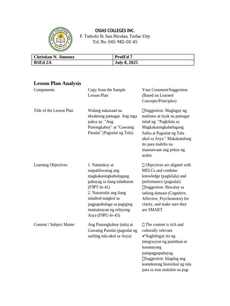 Lesson Plan Analysis Matrix | PDF