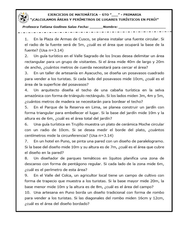 Ficha de Areas y Perimetro de Figuras Planas | PDF