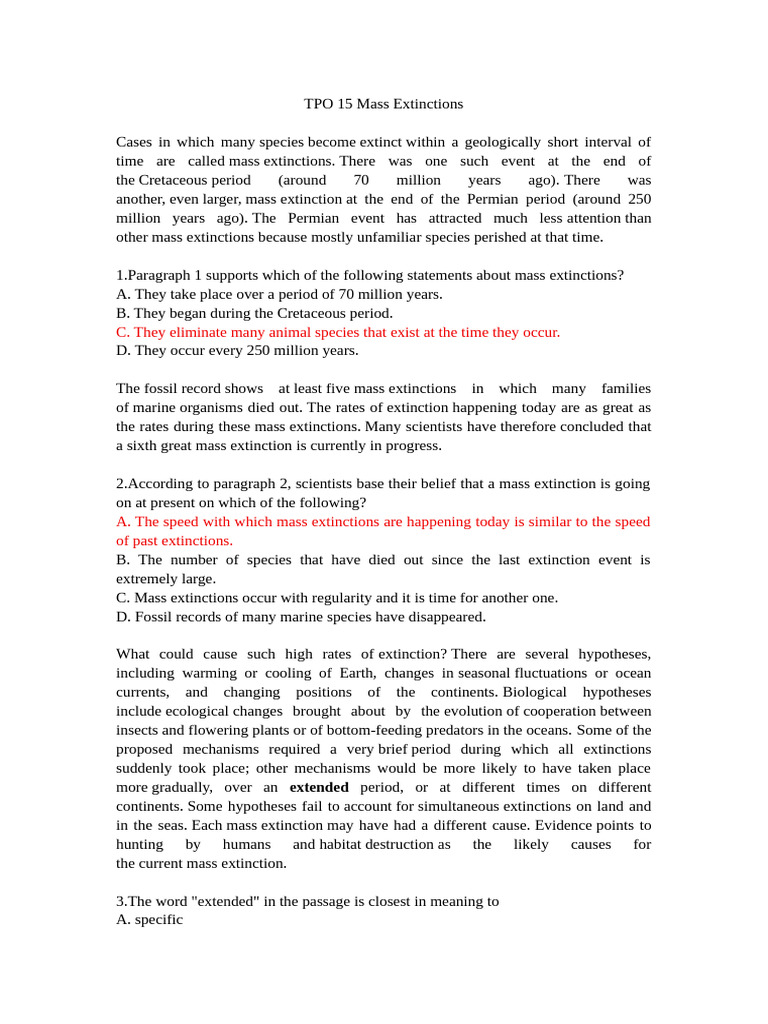 TPO 15 Mass Extinctions - Answer Key | PDF | Extinction | Asteroid
