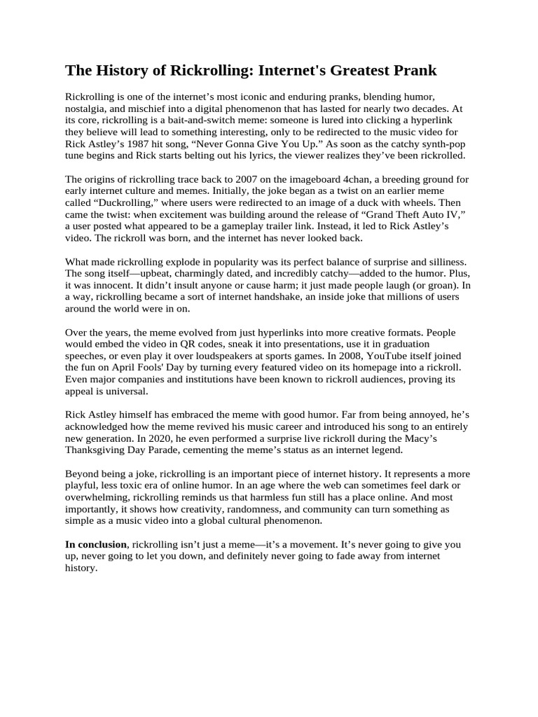 The History of Rickrolling Essay | PDF | Cultural Trends | Popular ...