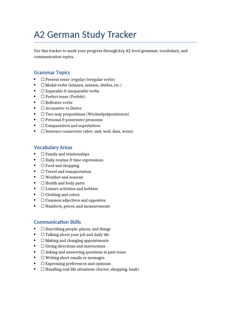 A2 German Grammar Progress Tracker | PDF