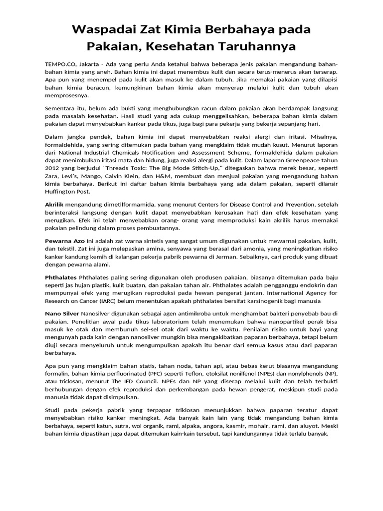 Artikel Waspadai Zat Kimia Berbahaya Pada Pakaian | PDF