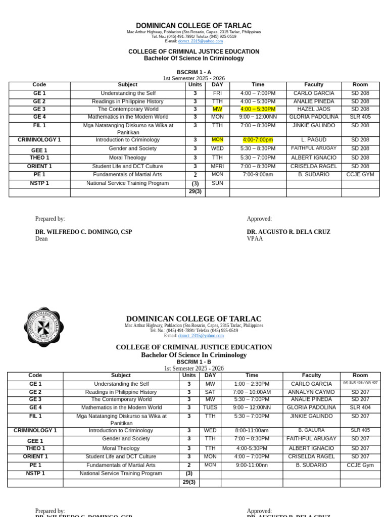2025 Edited CCJE 1ST SEM SCHED 2025 2026 1 | PDF | Forensic Science | Law Enforcement Agency