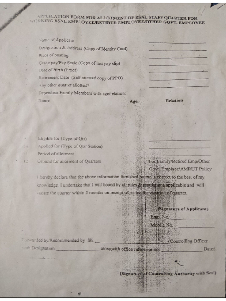 BSNL Employee Quarter Retention Form | PDF