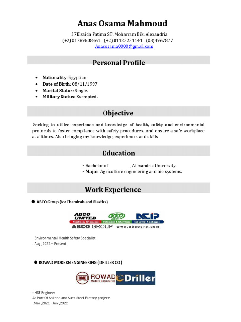 Anas Osama - QHSSE - LinkedIn Ad - Alexandria | PDF | Occupational ...